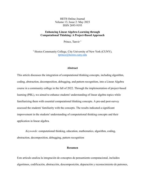 Pdf Enhancing Linear Algebra Learning Through Computational Thinking A Project Based Approach