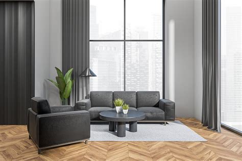 소파와 커피 테이블 파노라마 창문이있는 회색 냉장 실 인테리어 0명에 대한 스톡 사진 및 기타 이미지 0명 3차원 형태