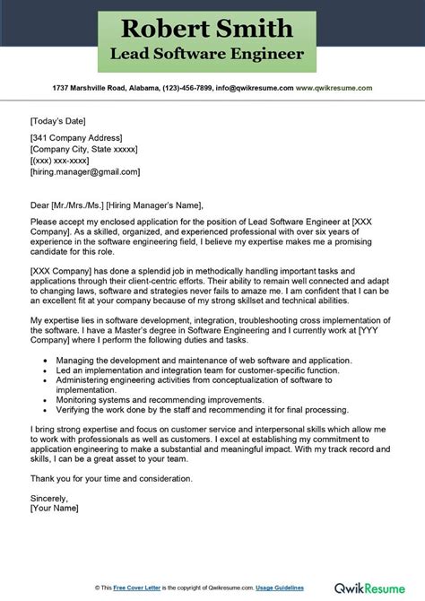 Lead Software Engineer Cover Letter Examples Qwikresume