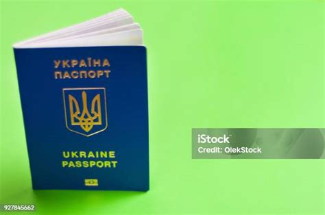 1 블루 생체 우크라이나어 외국 여권 사본 공간와 녹색 배경에 팔의 외 투 비자 무료 여행 컨셉 관광에 대한 스톡 사진 및 기타 이미지 Istock