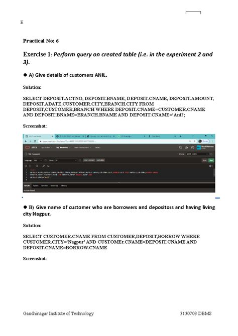 3130703 DBMS Practical 6 Solution Practical No 6 Exercise 1 Perform Query On Created Table