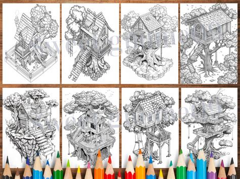 38 Treehouses Coloring Pages For Adults Printable Grayscale Sheets Digital Download Artistic