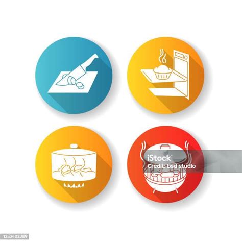 요리 방법 플랫 디자인 긴 그림자 글리프 아이콘 세트 다양한 요리 기술 음식 준비 과정 절단 베이킹 스튜 및 그릴 실루엣 Rgb 색상 일러스트레이션 개념에 대한 스톡 벡터