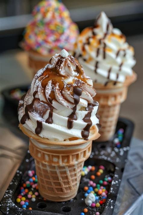 Gourmet Chocolate Drizzle Soft Serve Ice Cream Cones Stock Illustration