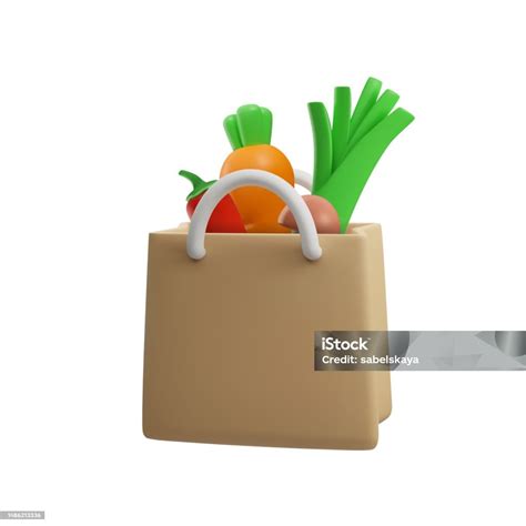 신선한 음식이 들어 있는 종이 쇼핑백 흰색 배경에 분리된 3d 스타일의 벡터 그림 신선한 야채가 든 식료품점 가방 쇼핑과 건강한 영양의 개념 3차원 형태에 대한 스톡 벡터