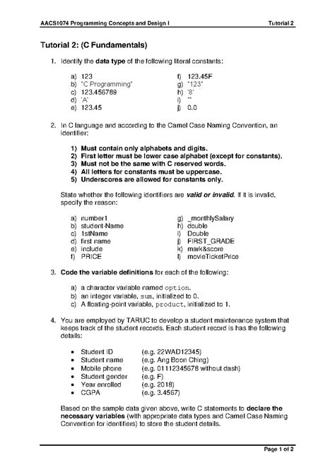 tutorial 02 c fundamentals aacs1074 programming concepts and design