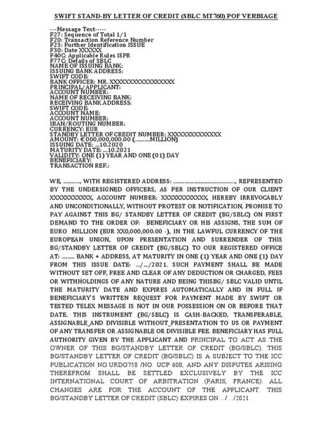 Swift Stand By Letter Of Credit Pdf Letter Of Credit Private Law