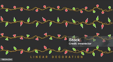 크리스마스 화환 세트입니다 선형 플랫 스타일로 디자인 요소와 장식 검은 배경에 화환의 다채로운 멀티 컬러 전구 벡터 그림입니다 0명에 대한 스톡 벡터 아트 및 기타 이미지