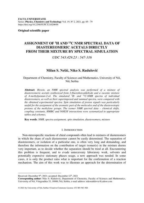 Pdf Assignment Of 1h And 13c Nmr Spectral Data Of Diastereomeric Acetals Directly From Their