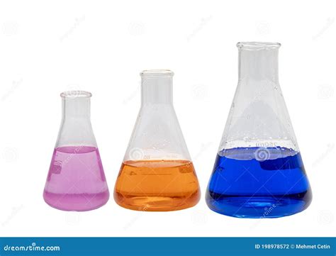 Different Sizes Of Erlenmeyer Flasks Containing Multi Colored Solutions