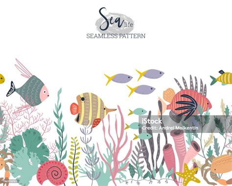 수중 바다 산호초 식물 산호와 이국적인 물고기와 벡터 원활한 패턴 바다에 대한 스톡 벡터 아트 및 기타 이미지 바다 깊은 껍데기 Istock