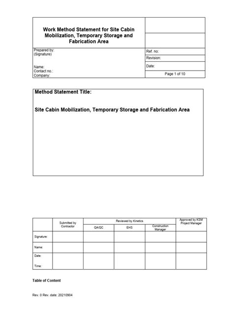 Work Method Statement For Site Cabin Mobilization Temporary Storage And Fabrication Area Pdf