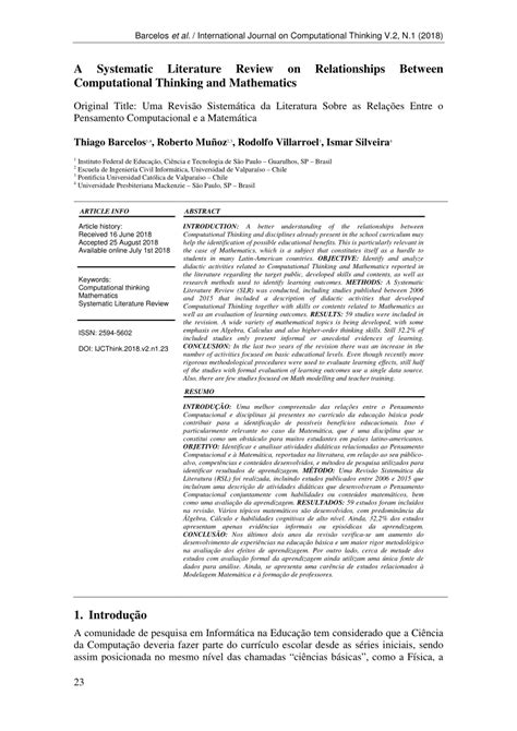 Pdf A Systematic Literature Review On Relationships Between Computational Thinking And Mathematics