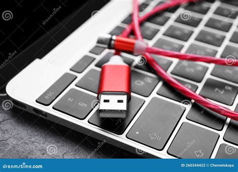 Usb Cable With Type C Connector On Laptop Keyboard Closeup Stock Photo Image Of Computer