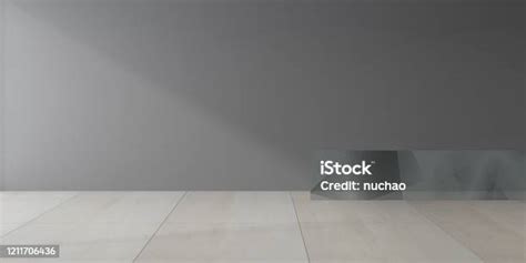 어두운 빈 방과 회색 벽에 태양 빛이 그림자를 캐스팅 대리석 타일 바닥의 모형 최소한의 인테리어 디자인의 관점 3d 렌더링 0명에 대한 스톡 사진 및 기타 이미지 Istock