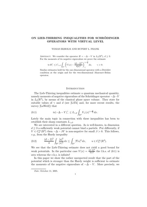 Pdf On Lieb Thirring Inequalities For Schrödinger Operators With Virtual Level