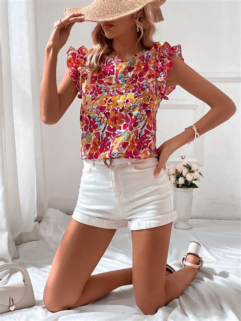 Shein Vcay Allover Floral Print Ruffle Trim Blouse Shein Usa