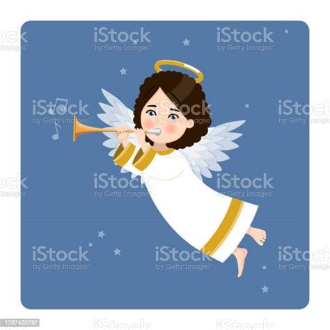 천사는 푸른 하늘과 별 배경에 트럼펫을 재생합니다 벡터 일러스트레이션 귀여운에 대한 스톡 벡터 아트 및 기타 이미지 귀여운 벡터 사람들 Istock
