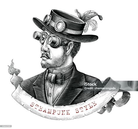 스팀펑크 의상을 입은 남성 화이트 백그라운드에서 고립된 빈티지 인그레이빙 스타일 흑백 클립 아트 남자에 대한 스톡 벡터 아트 및 기타 이미지 Istock
