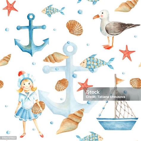 귀여운 선원 소녀 보트 배 물고기 갈매기 해상 닻 붉은 불가사리 조개껍데기 물방울이 있는 수채화 바다 원활한 패턴 손으로 그린 그림입니다 직물 섬유 아기 옷 벽지 해양