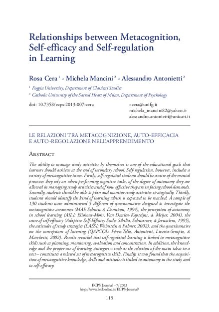 Pdf Relationships Between Metacognition Self Efficacy And Self Regulation In Learning