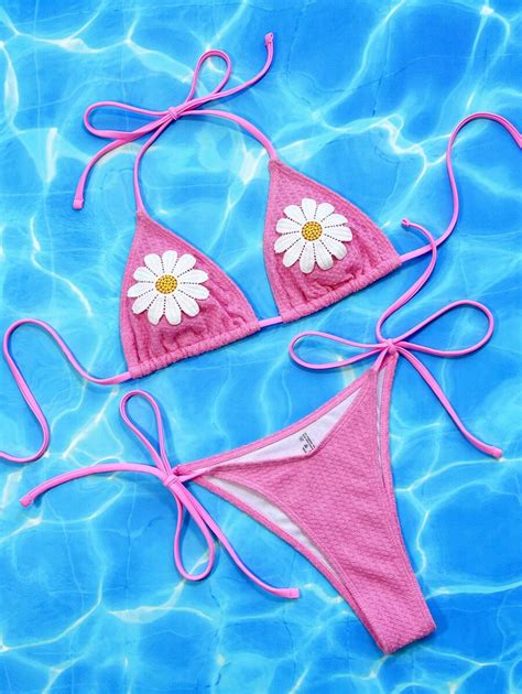 Floral Appliques Bikini Set Halter Triangle Bra And Tie Side Bottom 2 Pieces Bikini Summer Beach