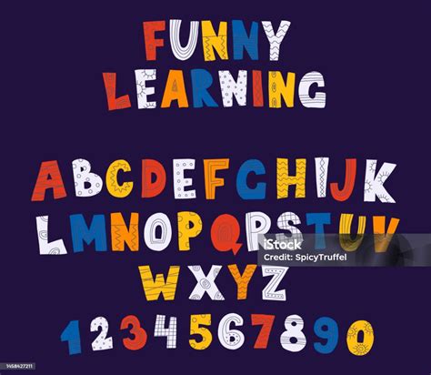 어린이 글꼴입니다 만화 만화 아이의 서체 영어 대문자와 숫자 알파벳순 집합입니다 윤곽선 장식이 있는 장식 낙서 텍스트 기호 벡터 다채로운 알파벳 0명에 대한 스톡 벡터 아트