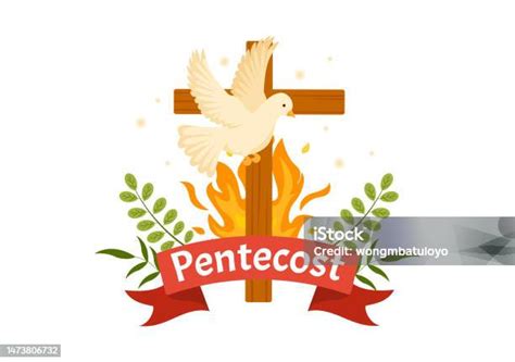 오순절 일요일 불꽃과 성령 비둘기 가톨릭 또는 기독교 종교 문화 휴일 플랫 만화 손으로 그린 템플릿 오순절에 대한 스톡 벡터