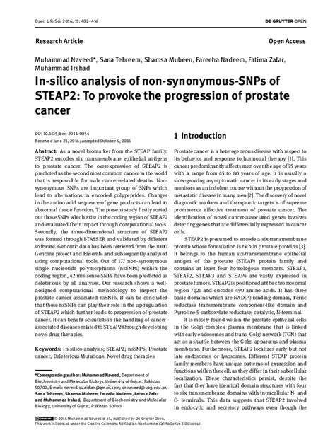 Pdf In Silico Analysis Of Non Synonymous Snps Of Steap2 To Provoke