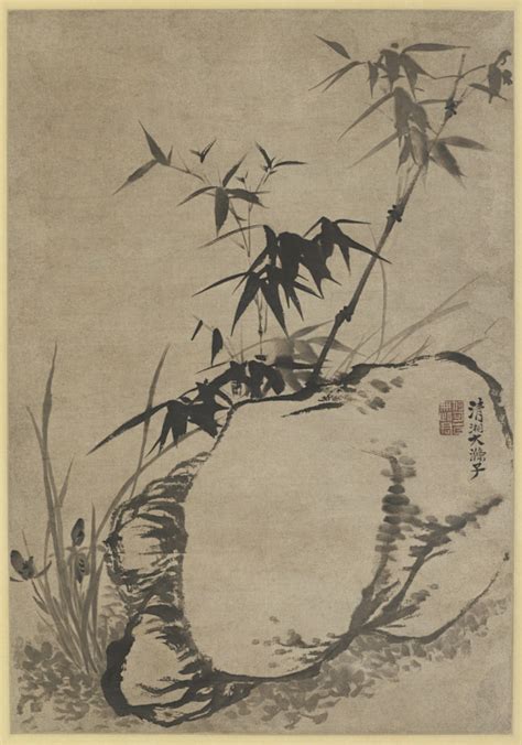 石涛——《兰竹石图》墨兰竹石立轴欣赏 明末清初石涛1642 1708，原姓朱名若极，桂林人祖籍凤阳，小字阿长，僧法号元济、原济，自称苦瓜和尚。别号枝下叟、济山僧、石道人、一枝阁、大涤