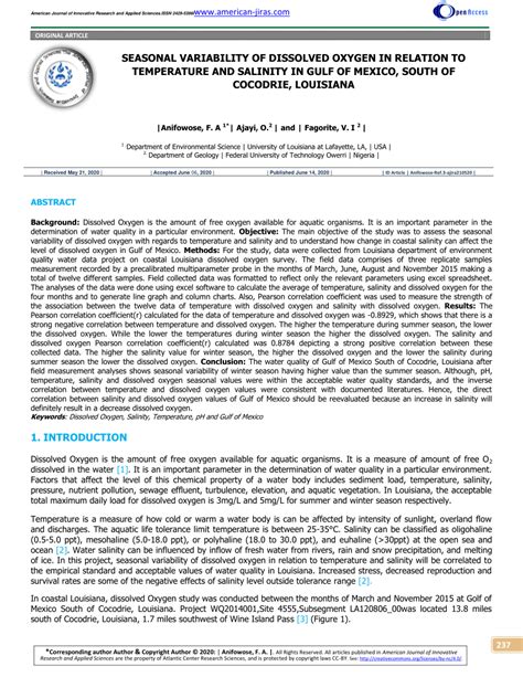 PDF SEASONAL VARIABILITY OF DISSOLVED OXYGEN IN RELATION TO TEMPERATURE AND SALINITY IN GULF