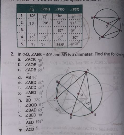 2 In O Aeb 40 And Ad Is A Diameter Find The Following A Acb B Aob C Adb D Ab E Abd F Acd G Aed