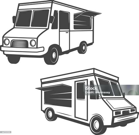 음식 트럭 흰색 배경에 고립의 집합입니다 로고 라벨 상징 기호 브랜드 마크 디자인 요소입니다 푸드 트럭에 대한 스톡 벡터 아트 및 기타 이미지 Istock