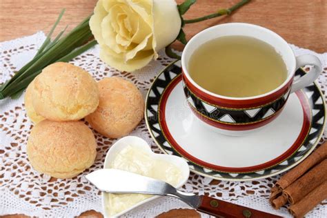 Cup Of Lemongrass Green Tea With Cheese Bread Breakfast Stock Image