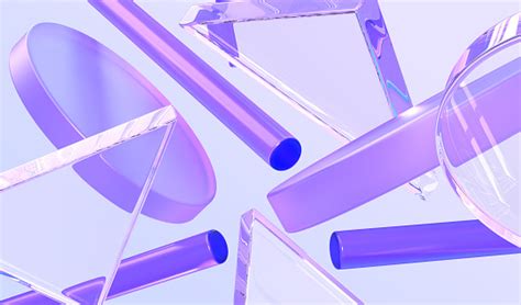 홀로그램 및 유리 기하학적 모양 3d 렌더링 무지개 빛깔의 홀로그램 실린더 튜브 크리스탈 디스크 보라색 추상 배경 패턴에