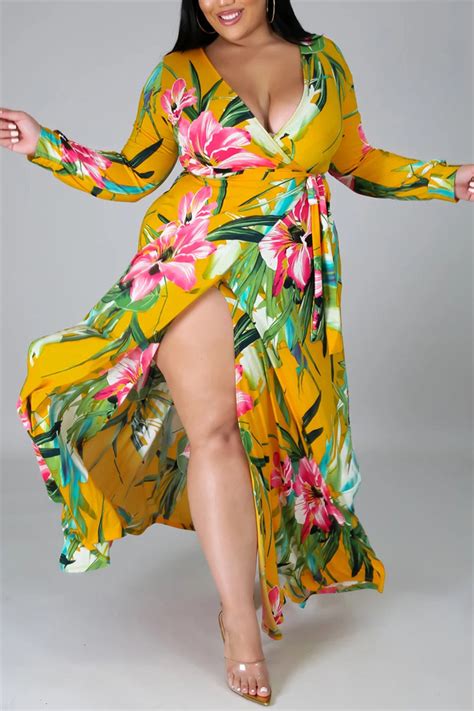 Wholesale Yellow Fashion Sexy Plus Size Print Slit V Neck Printed Dress