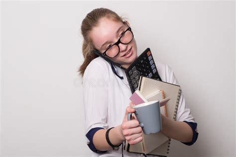 Caucasian Girl In Glasses Works On The Project Cute Teen Girl Works