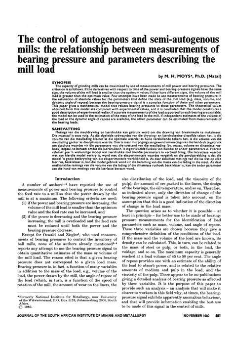 Pdf The Control Of Autogenous And Semi Autogenous Mills The Relationship Between Measurements