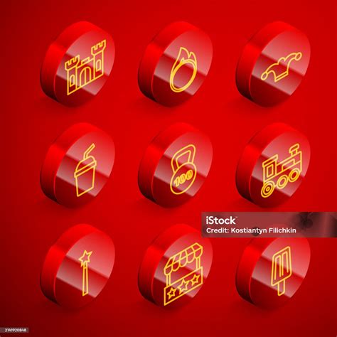 세트 라인 성 서커스 불 후프 종 종이 유리 물 무게 장난감 기차 마술 지팡이 및 티켓 박스 오피스 아이콘이 있는 광대 모자 벡터 3차원 형태에 대한 스톡 벡터 아트 및