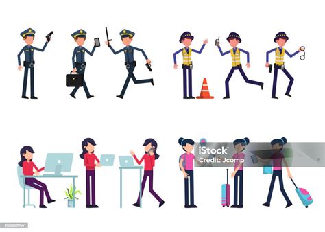 많은 경력 캐릭터의 번들 4 세트 다양한 직업 라이프 스타일의 12 포즈 가방에 대한 스톡 벡터 아트 및 기타 이미지 가방 개인 장식품 경찰관 Istock