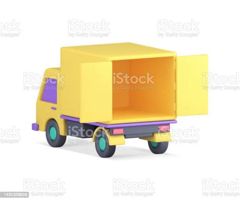 열린 문이있는 노란색 빈 화물 트럭 준비 로딩 상업 물류 현실적인 3d 아이콘 벡터 3차원 형태에 대한 스톡 벡터 아트 및 기타 이미지 3차원 형태 광고 교통수단