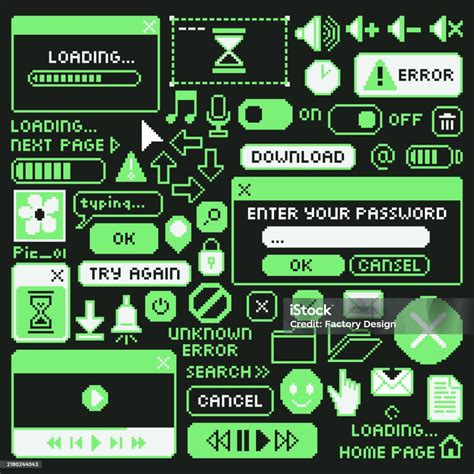 픽셀 아트 레트로 Ui 세트 Y2k 컴퓨터 아이콘 모음 8비트 애시드 그린 Pc 창 및 버튼 모음 로딩 바 파일 폴더 음악 플레이어 로그인 양식 오류를 입력하고 다시