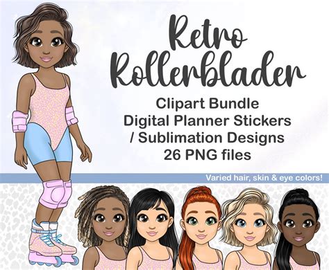 Retro Rollerblading Girl Clipart Cute Rollerskates Chibi Png Digital