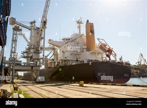 Panamax Bulk Carrier Loaded With Wheat Ship At Grain Terminal Port Elevator With Bulk Carrier