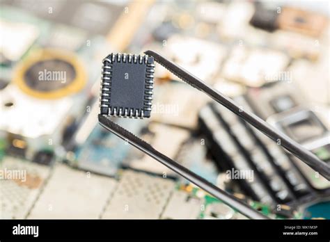 Electronic Chip In Tweezers On Background Of The Disassembled Mobile