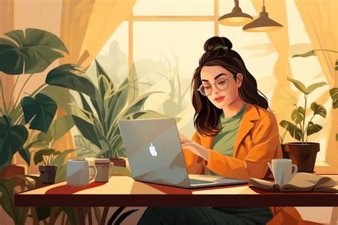 Premium Photo Vector Illustration Of A Young Woman Working On A Laptop In A Cafe A Young Woman