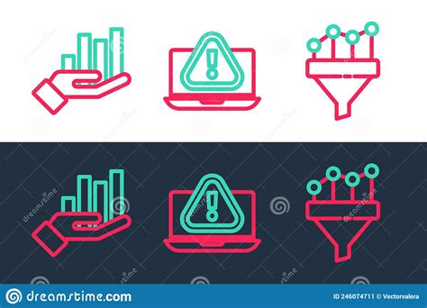 Set Line Sales Funnel With Chart Pie Infographic And Laptop Exclamation Mark Icon Vector Stock