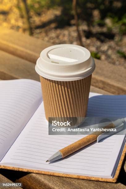 나무 벤치에 빈 종이 노트북이 있는 크래프트 종이에 커피 또는 차가 있는 에코 재활용 종이컵 야외에서 일하는 연구의 개념 커피를 가져 가라 텍스트 공간을 복사합니다 일회용