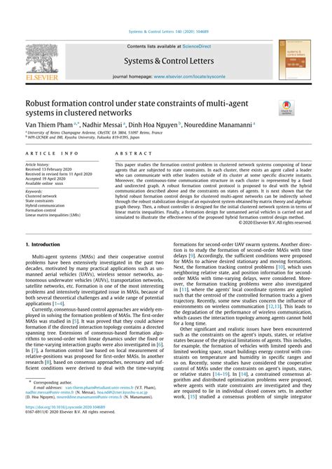 Pdf Robust Formation Control Under State Constraints Of Multi Agent Systems In Clustered Networks