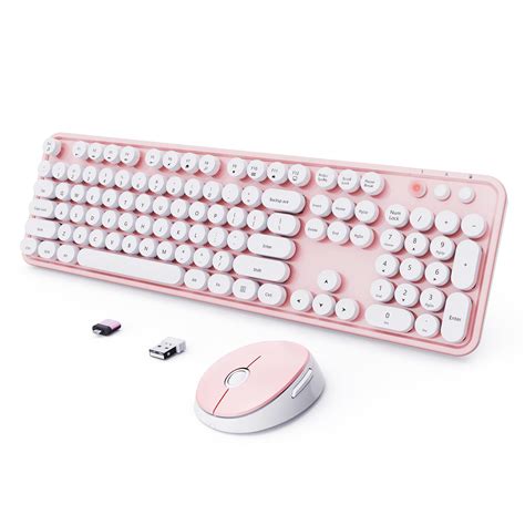 Wireless Keyboard And Mouse Combo Ergonomic Full Size Typewriter Retro Round Keycaps Keyboard